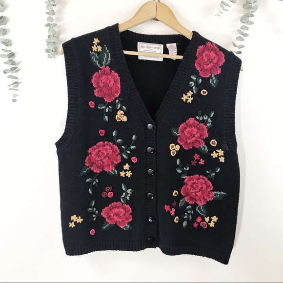 Vintage | Sweaters | Vintage Hand Embroidered Rose Vest Boho Indie ...